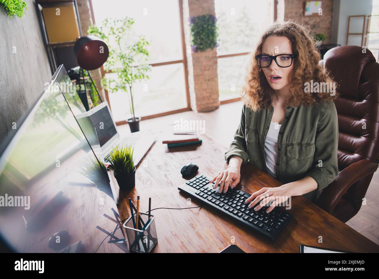 Photo of worried confused woman software developer sitting armchair ...