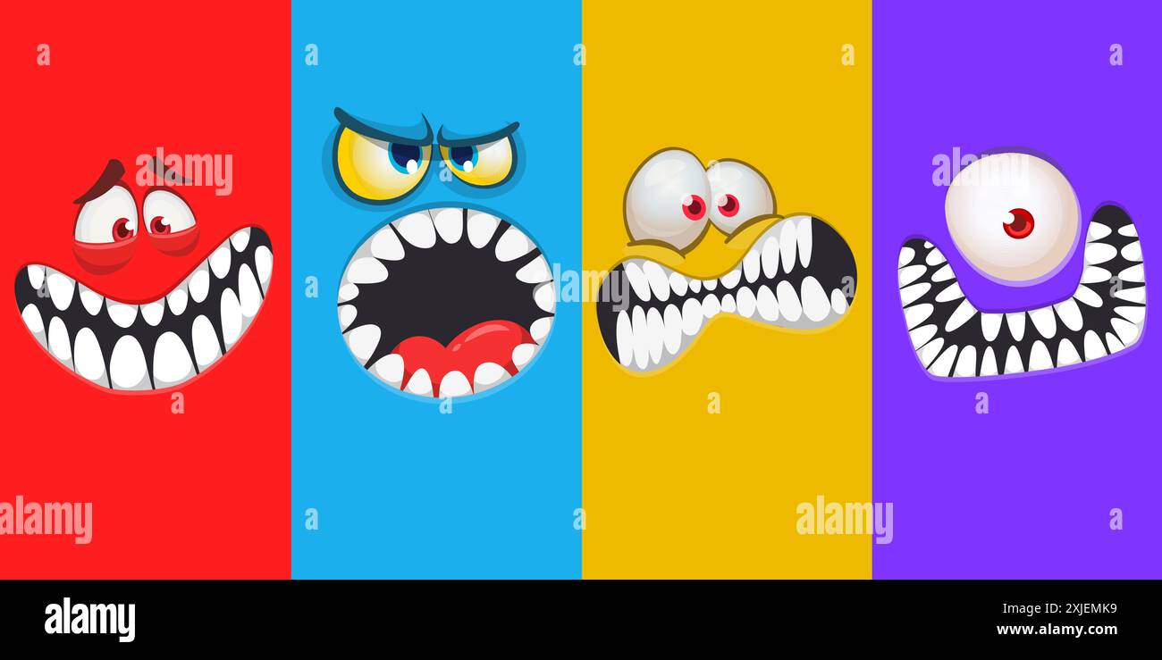 Cartoon monsters and aliens faces set with funny expressions and opened ...