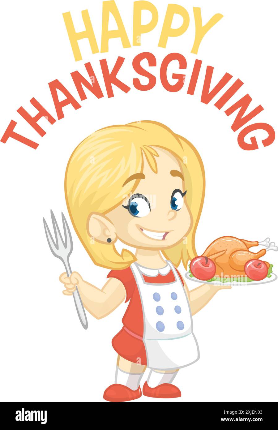 Cartoon cute little blond girl in apron serving roasted thanksgiving ...