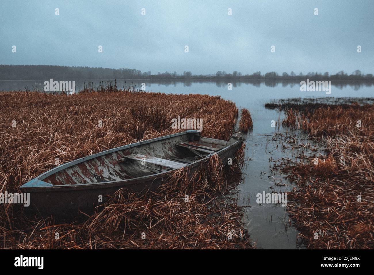 An old boat in the lake, cold fall with fog Stock Photo - Alamy