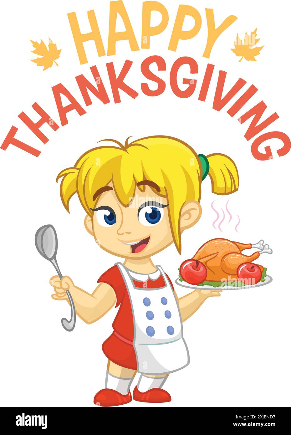 Cartoon cute little blond girl in apron serving roasted thanksgiving ...