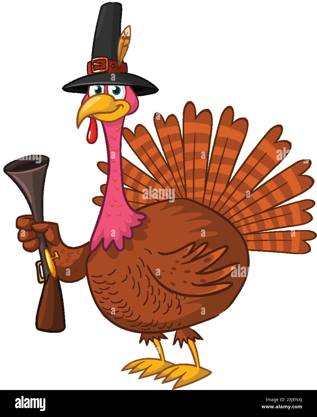 Cartoon happy cute thanksgiving turkey bird holding powder gun. Design ...