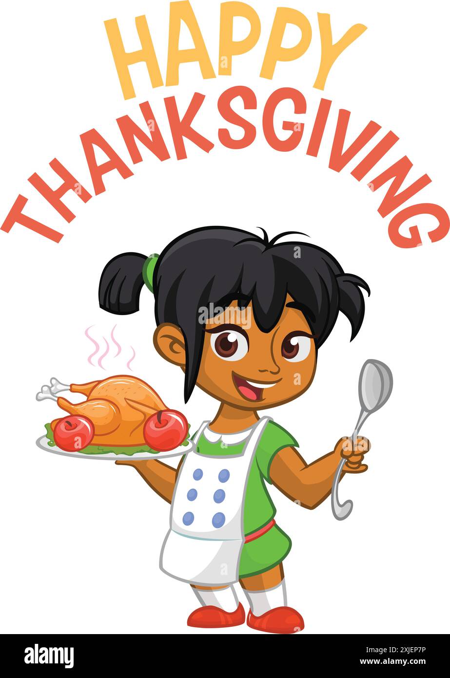 Cartoon cute little arab or afro-american girl in apron serving roasted ...