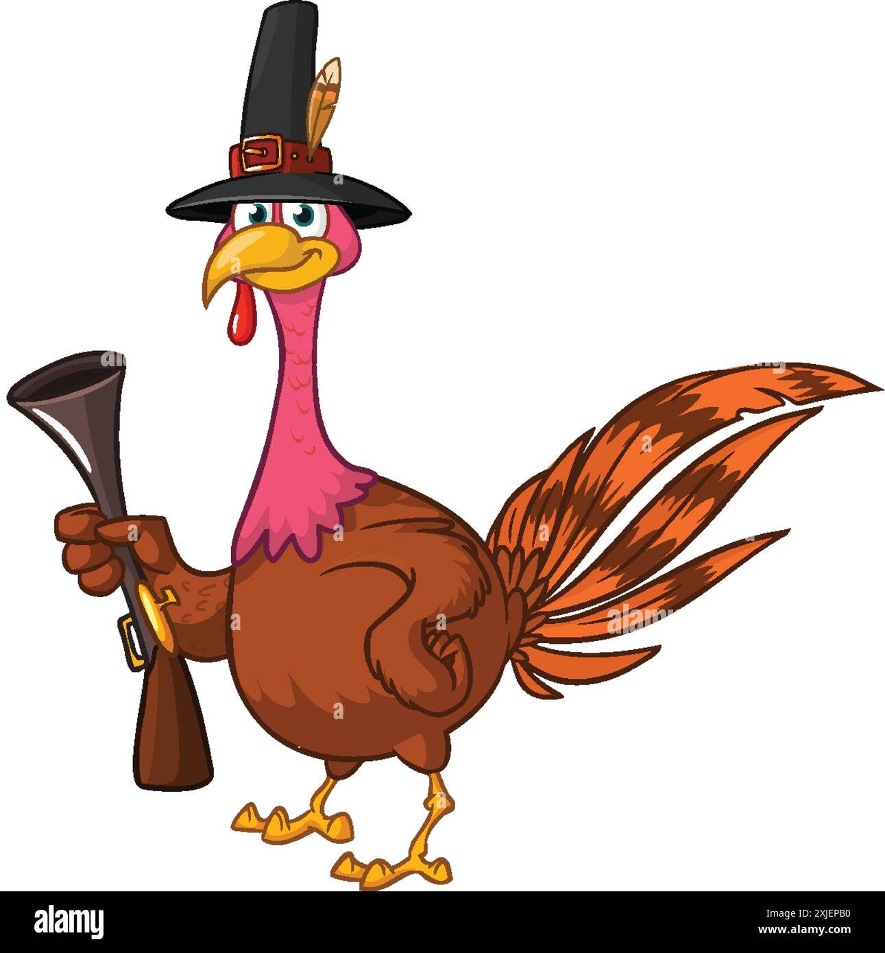 Cartoon happy cute thanksgiving turkey bird holding powder gun. Design ...