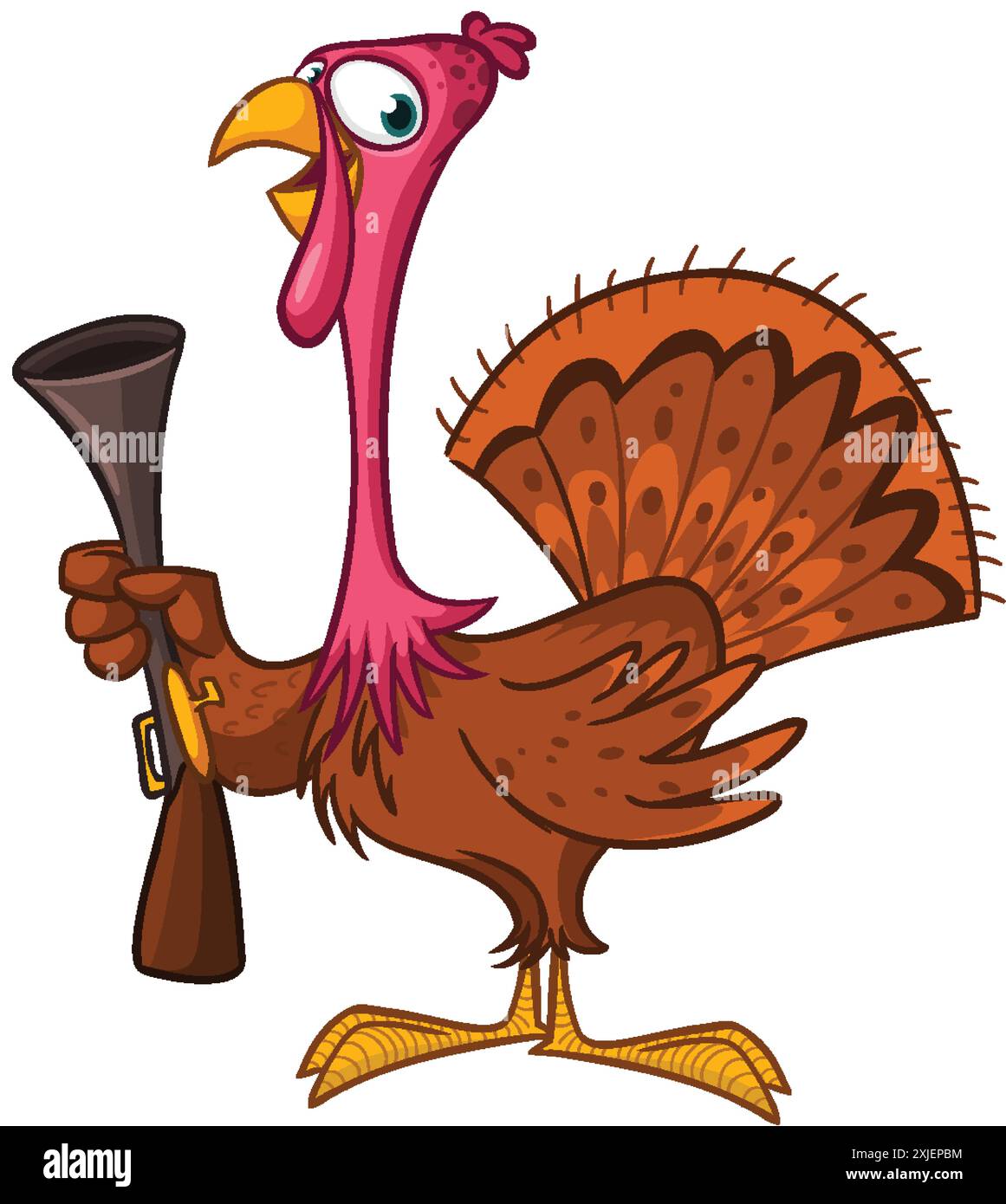 Cartoon happy cute thanksgiving turkey bird holding powder gun. Design ...