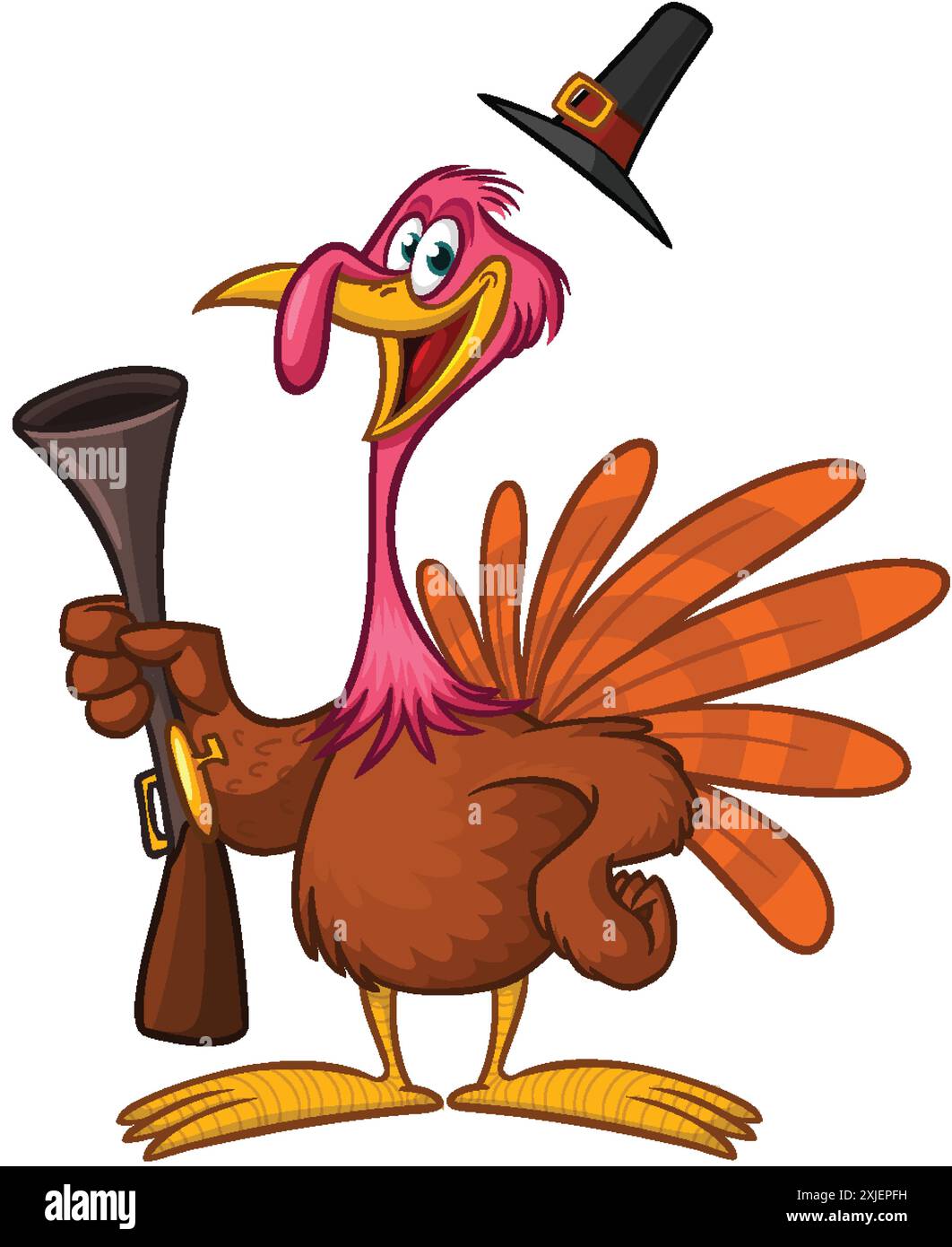 Cartoon happy cute thanksgiving turkey bird holding powder gun. Design ...