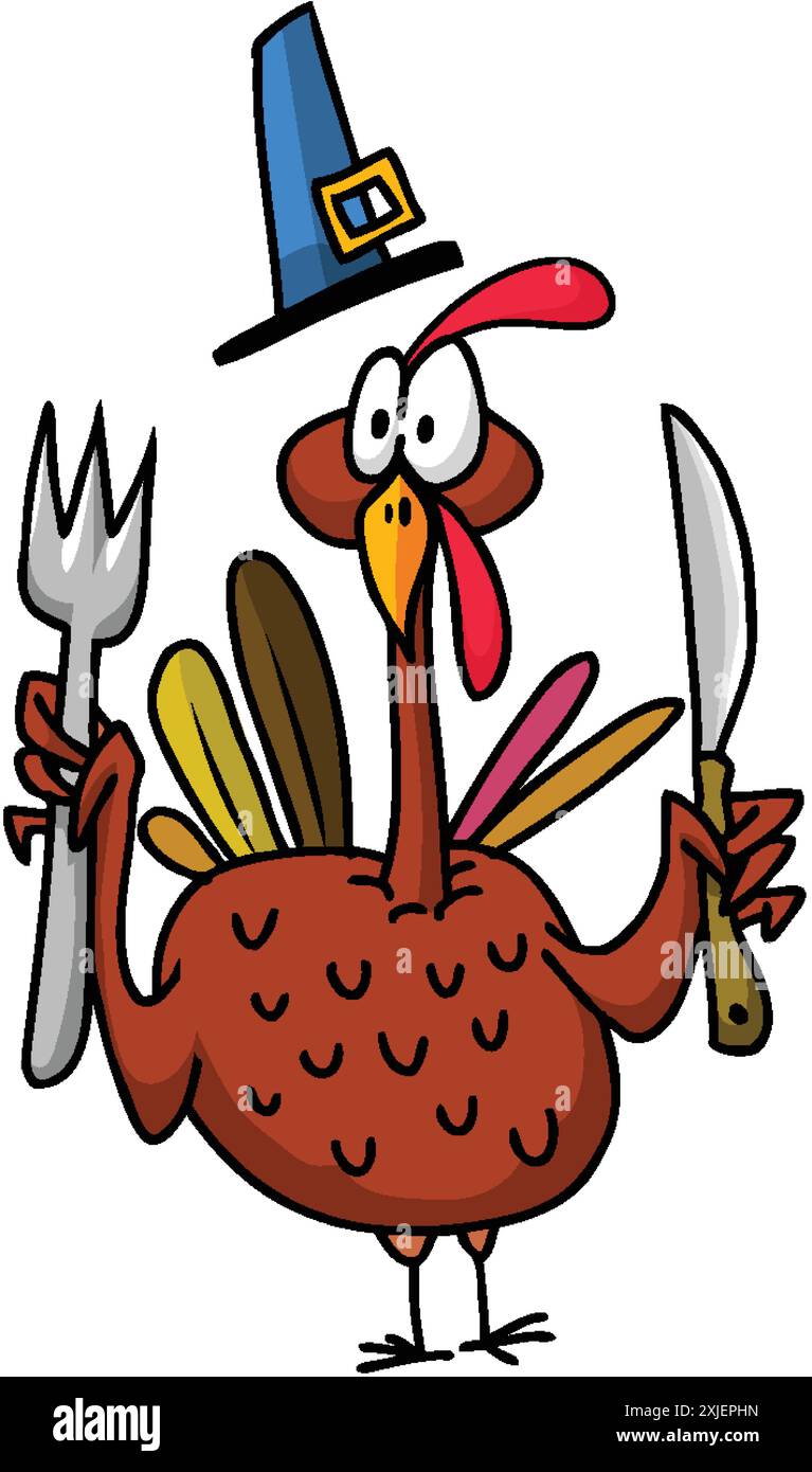 Cartoon happy cute thanksgiving turkey bird holding knife and fork ...