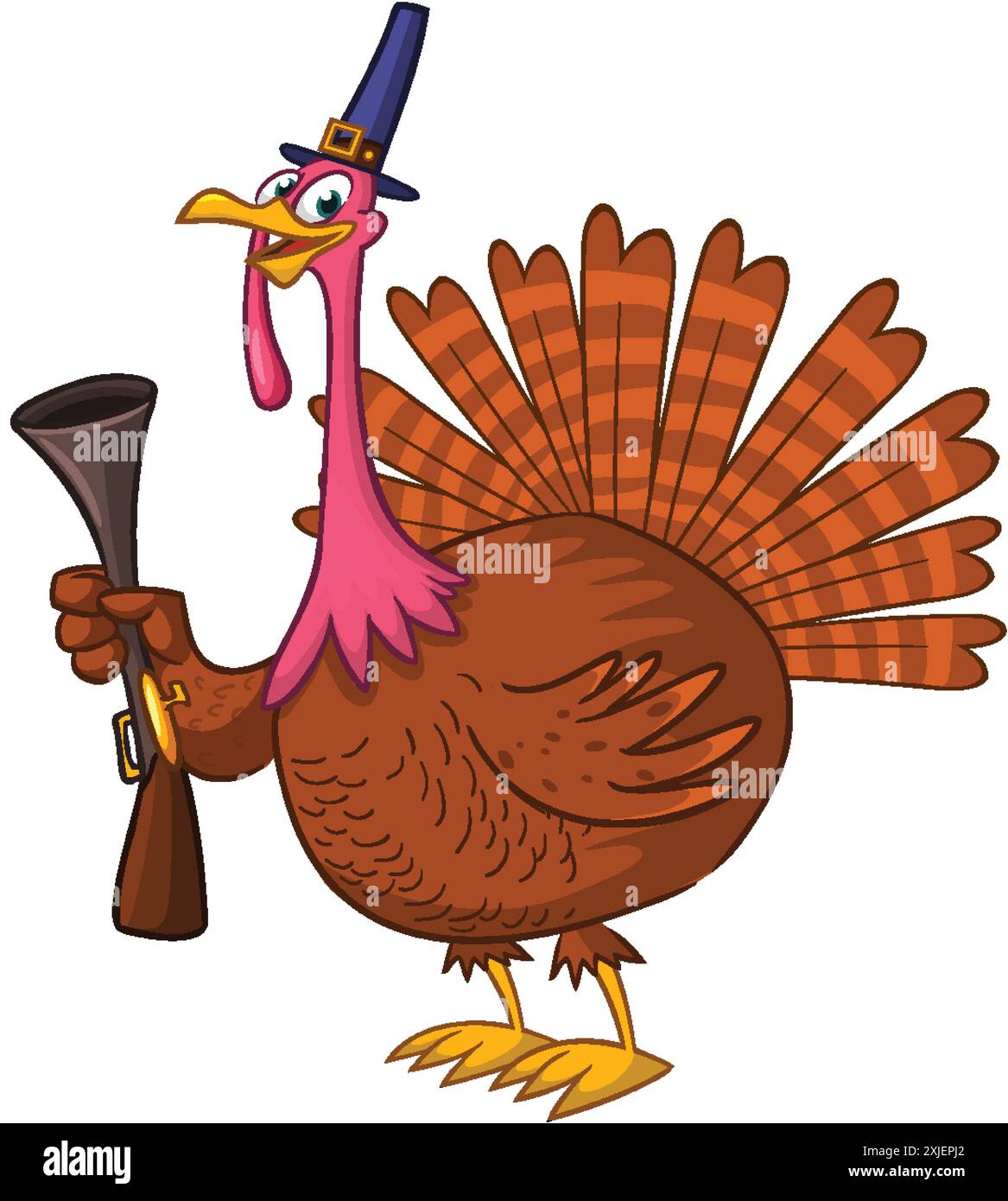 Cartoon happy cute thanksgiving turkey bird holding powder gun. Design ...