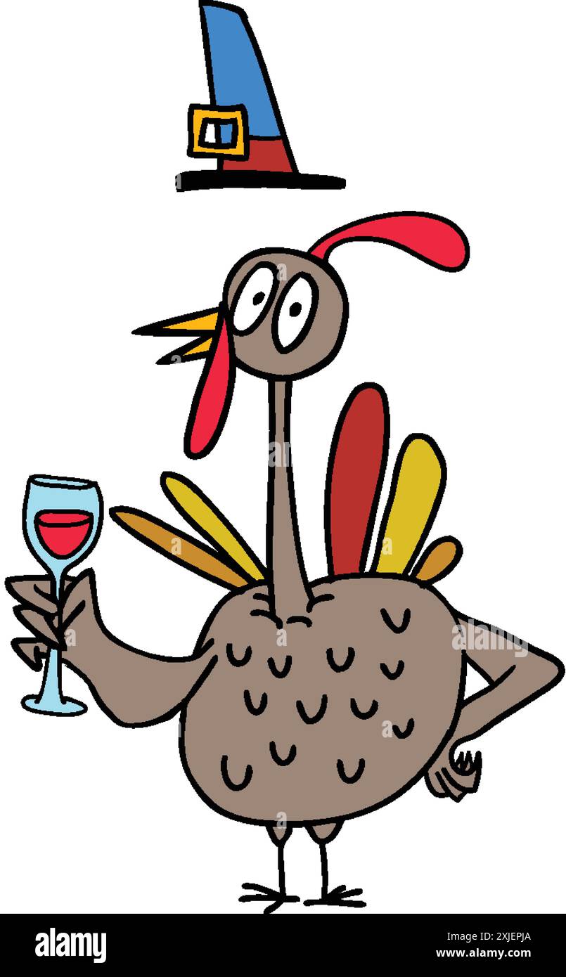 Cartoon happy cute thanksgiving turkey bird drinking wine after meal ...