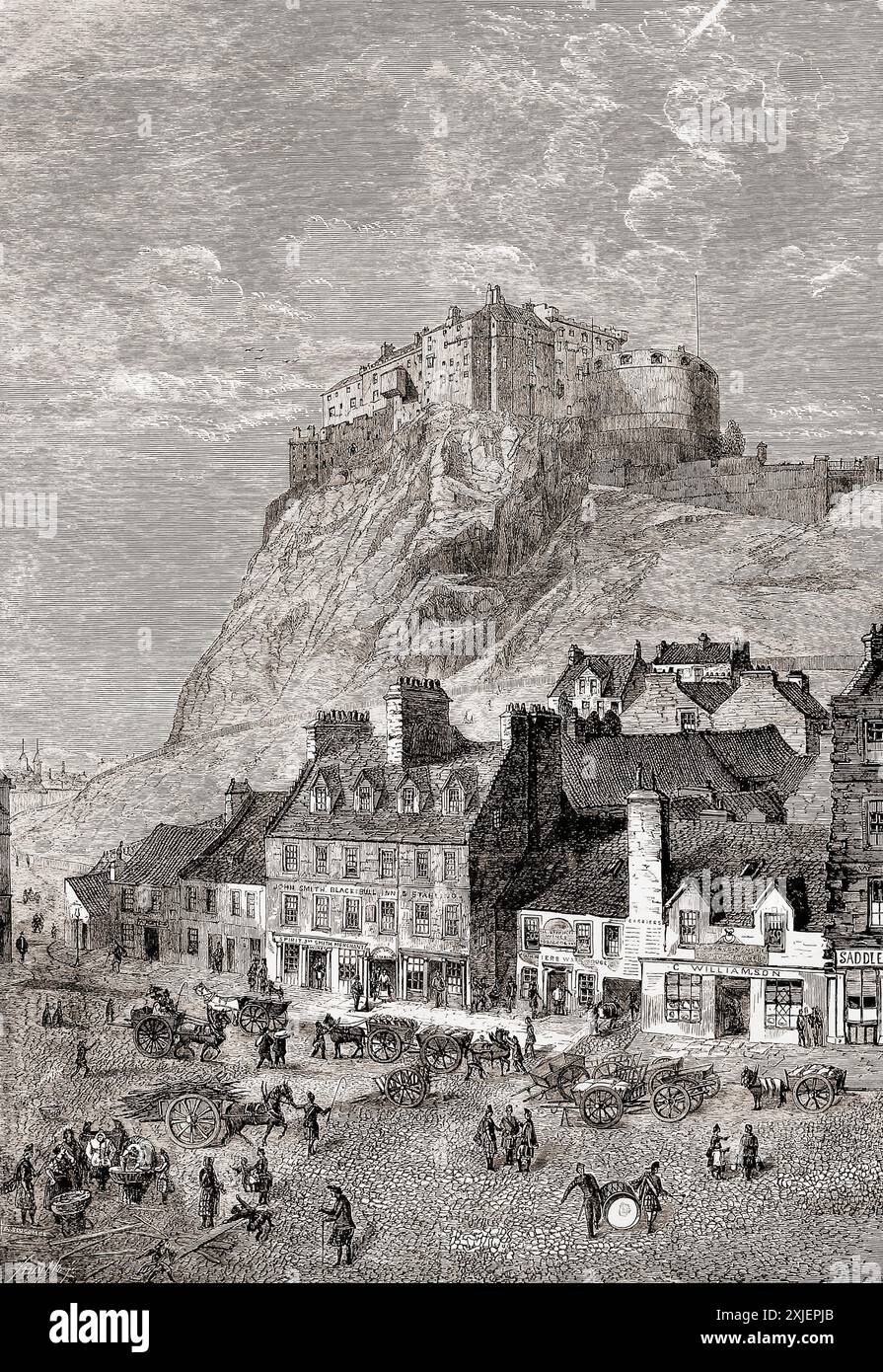 Edinburgh Castle, seen from the Corn Exchange in the Grassmarket ...