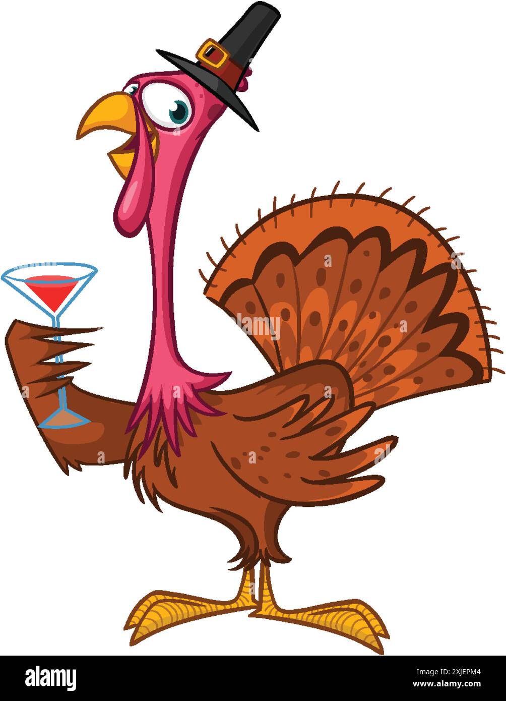 Cartoon happy cute thanksgiving turkey bird drinking wine after meal ...