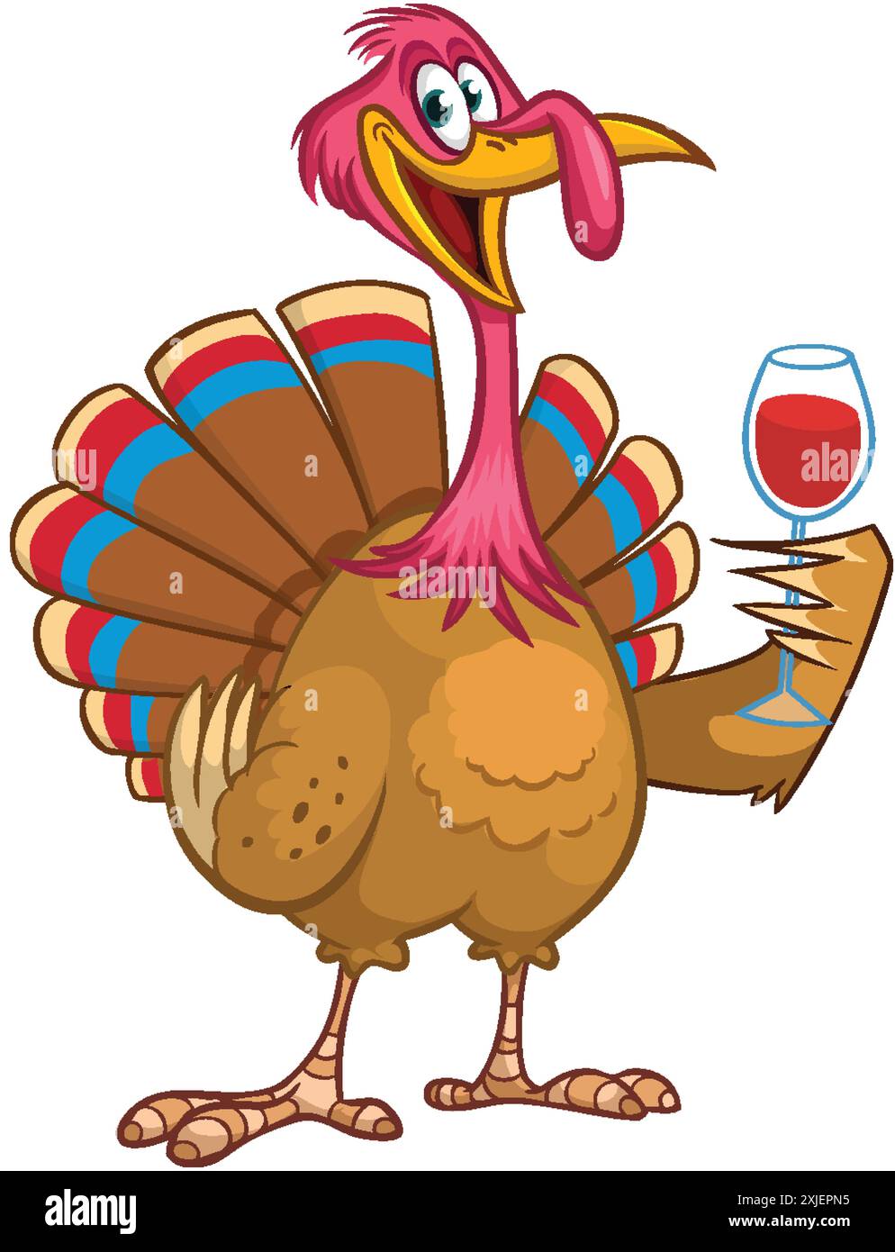 Cartoon happy cute thanksgiving turkey bird drinking wine. Vector ...