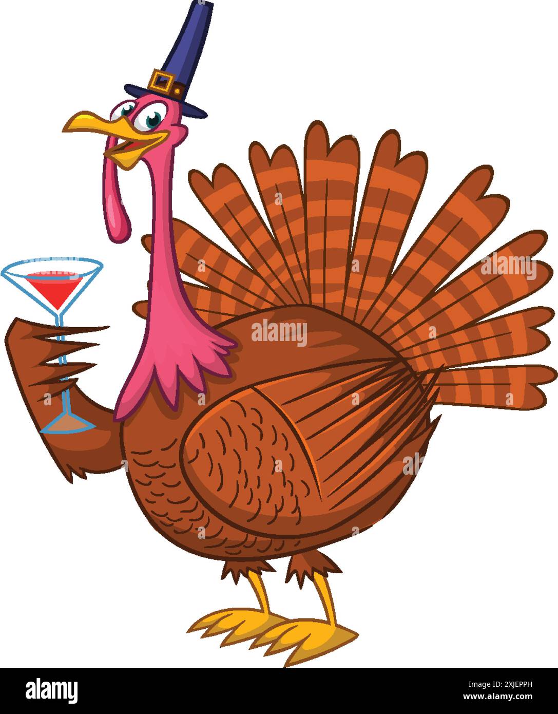Cartoon happy cute thanksgiving turkey bird drinking wine after meal ...