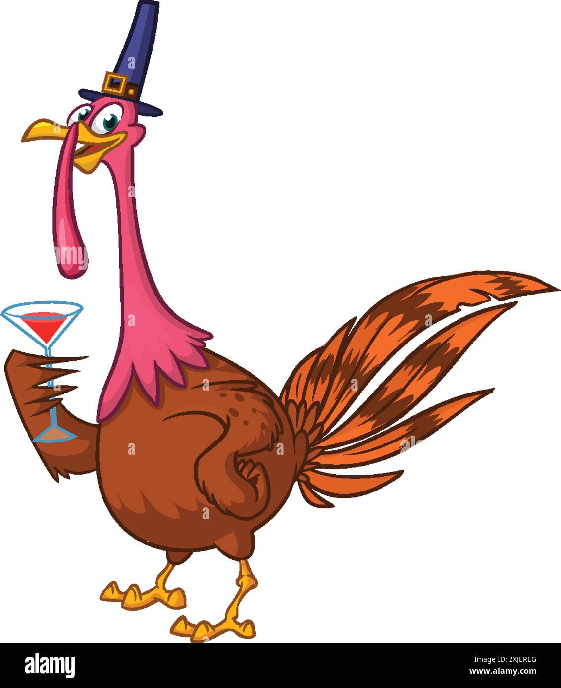 Cartoon happy cute thanksgiving turkey bird drinking wine after meal ...