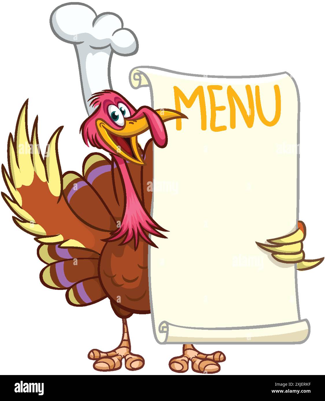 Cartoon Thanksgiving turkey bird with blank scroll with blank space for ...