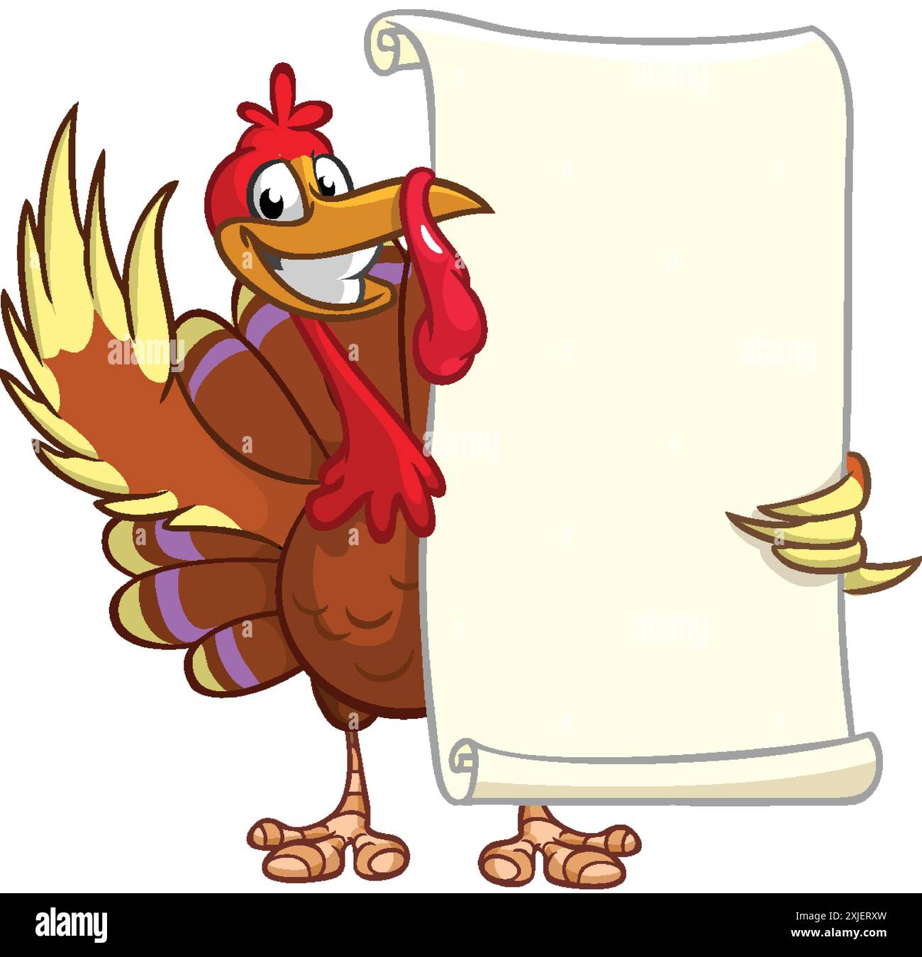 Cartoon Thanksgiving turkey bird with blank scroll with blank space for ...