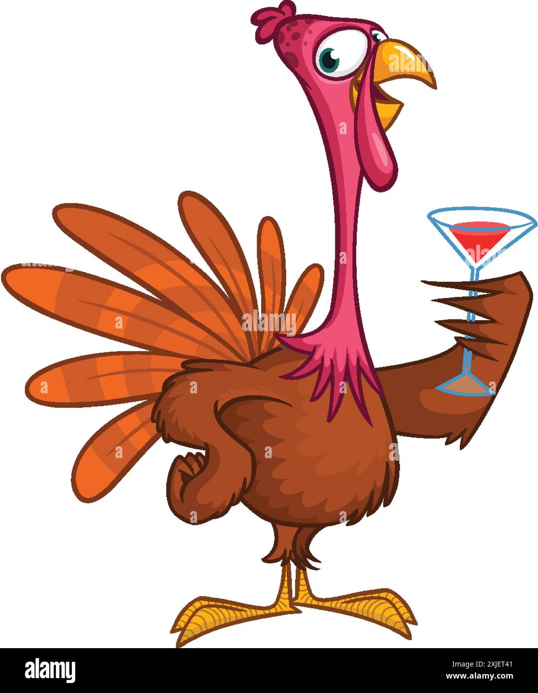 Cartoon happy cute thanksgiving turkey bird drinking wine. Vector ...