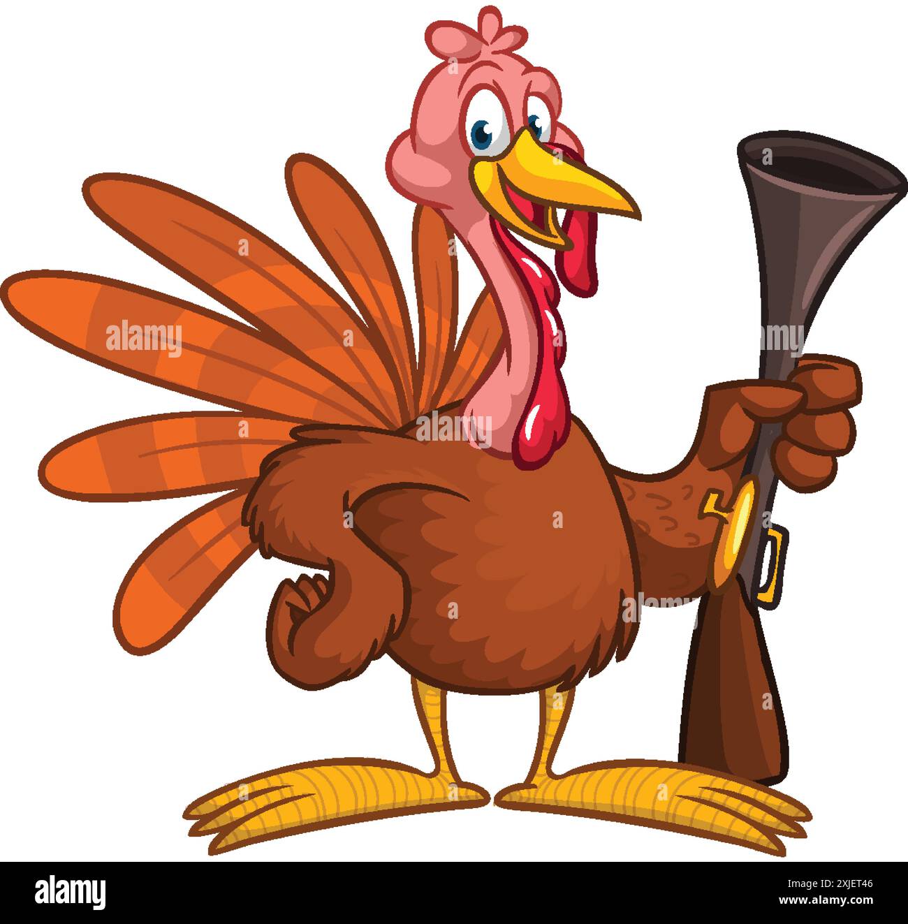 Cartoon happy cute thanksgiving turkey bird holding a gun. Vector ...