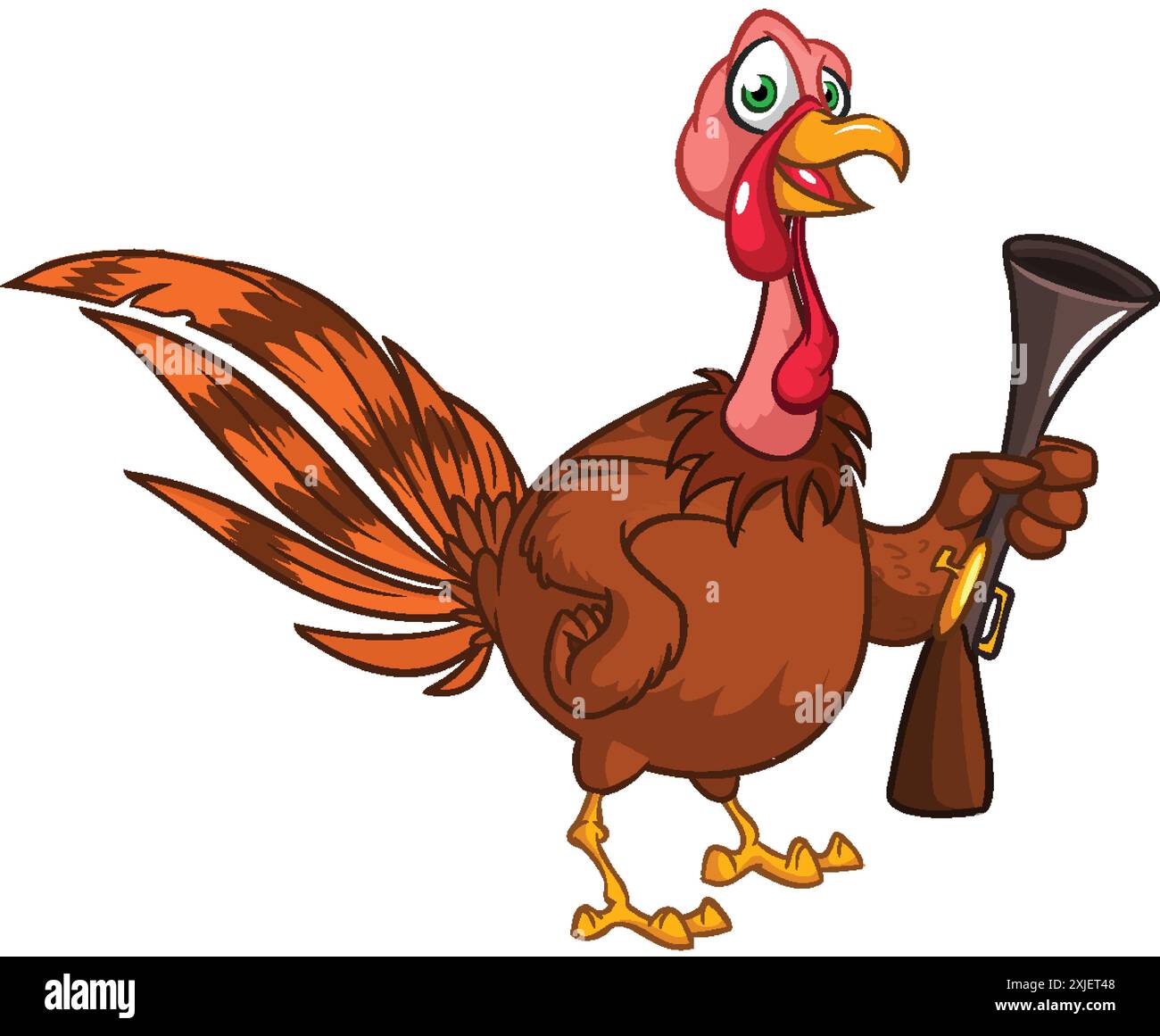 Cartoon happy cute thanksgiving turkey bird holding a gun. Vector ...