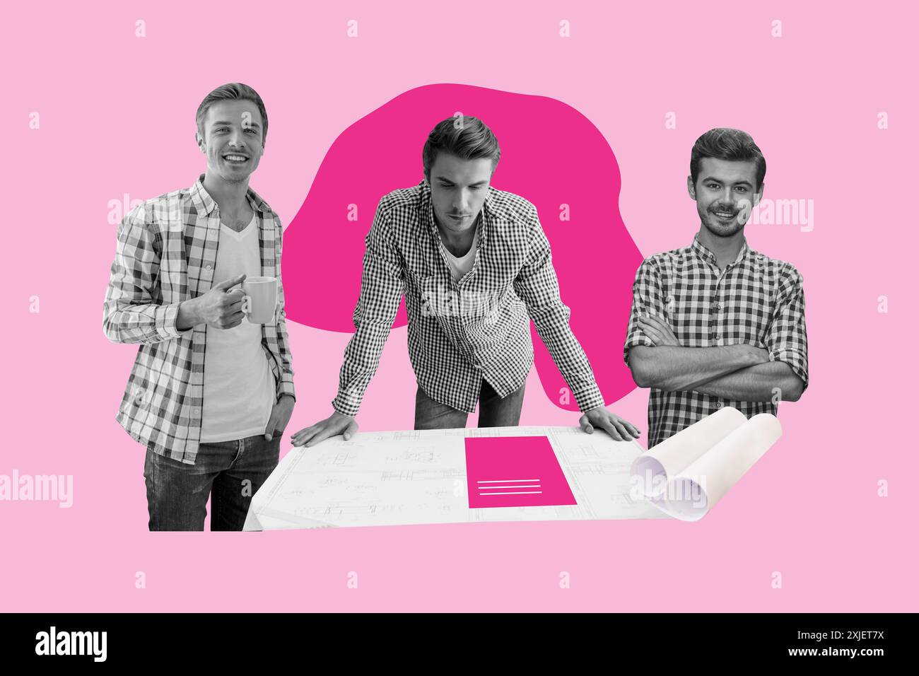 Creative poster collage of young guys working together startup process ...