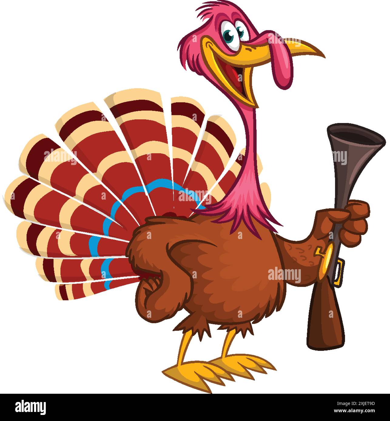 Cartoon happy cute thanksgiving turkey bird holding a gun. Vector ...