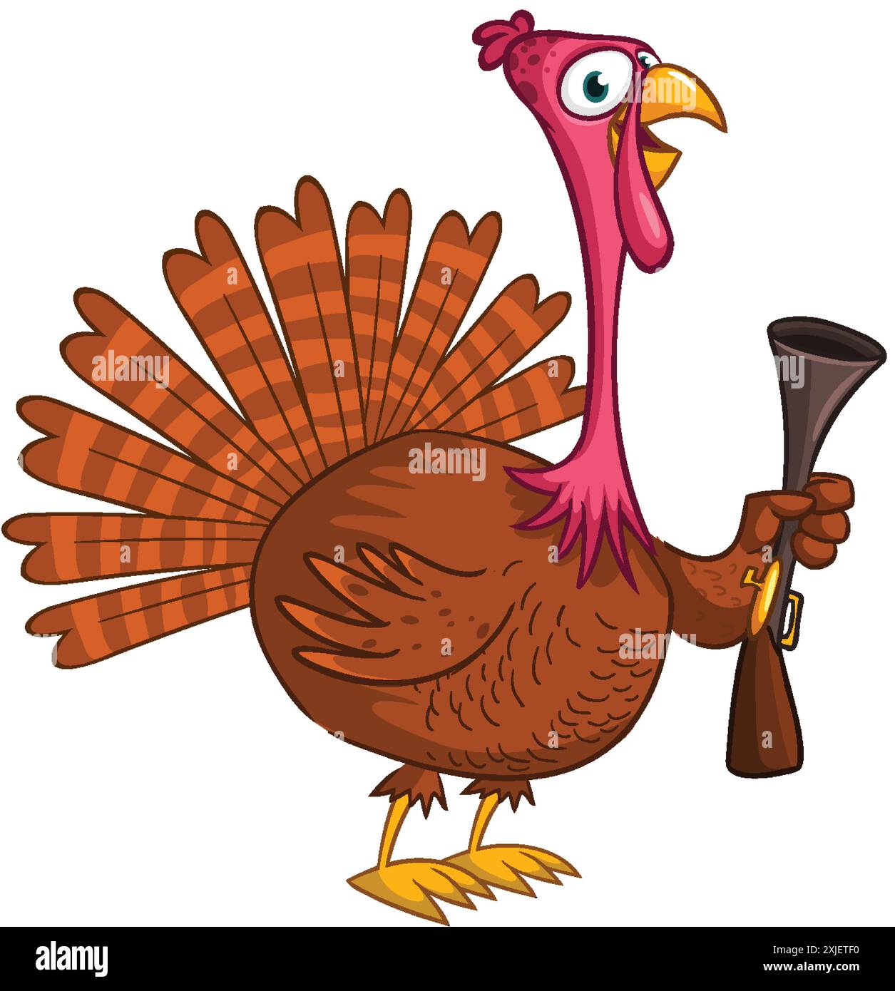 Cartoon happy cute thanksgiving turkey bird holding a gun. Vector ...