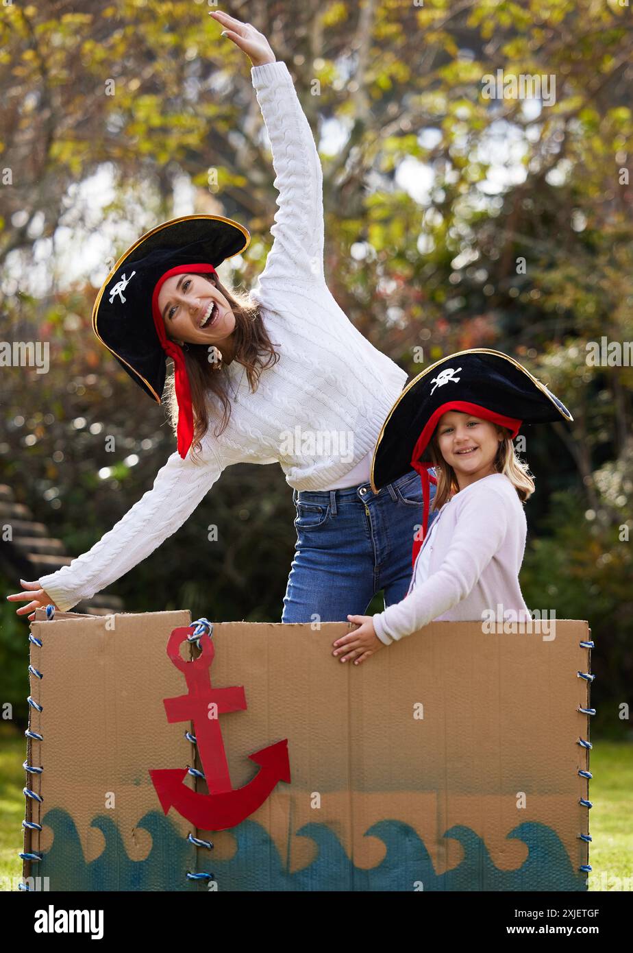 Outdoor, pirates and mother with girl, portrait and time together with ...