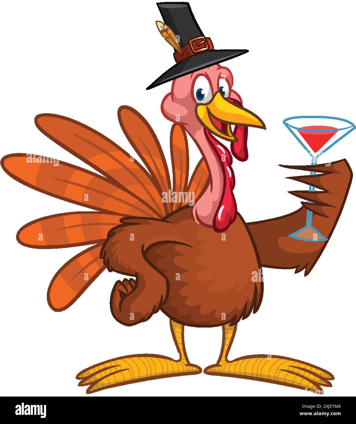 Cartoon happy cute thanksgiving turkey bird drinking wine. Vector ...