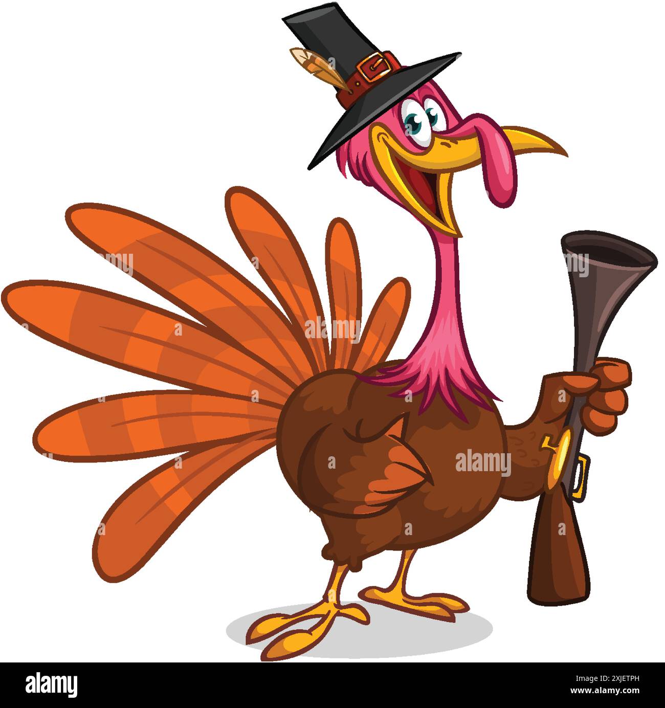 Cartoon happy cute thanksgiving turkey bird holding a gun. Vector ...