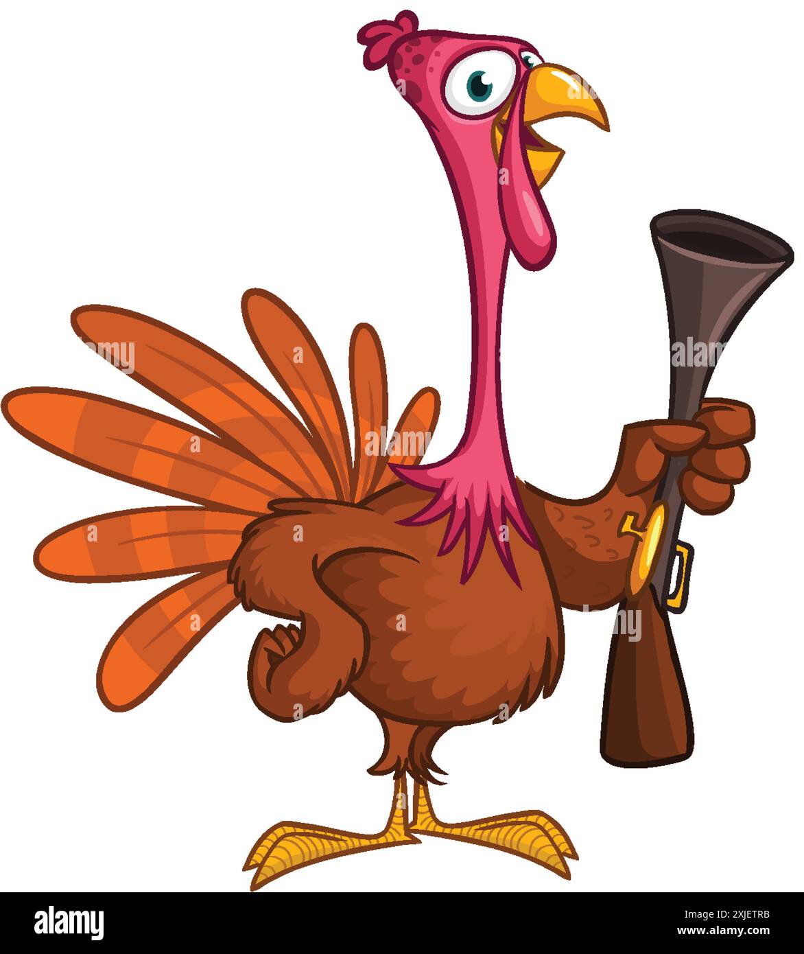 Cartoon happy cute thanksgiving turkey bird holding a gun. Vector ...