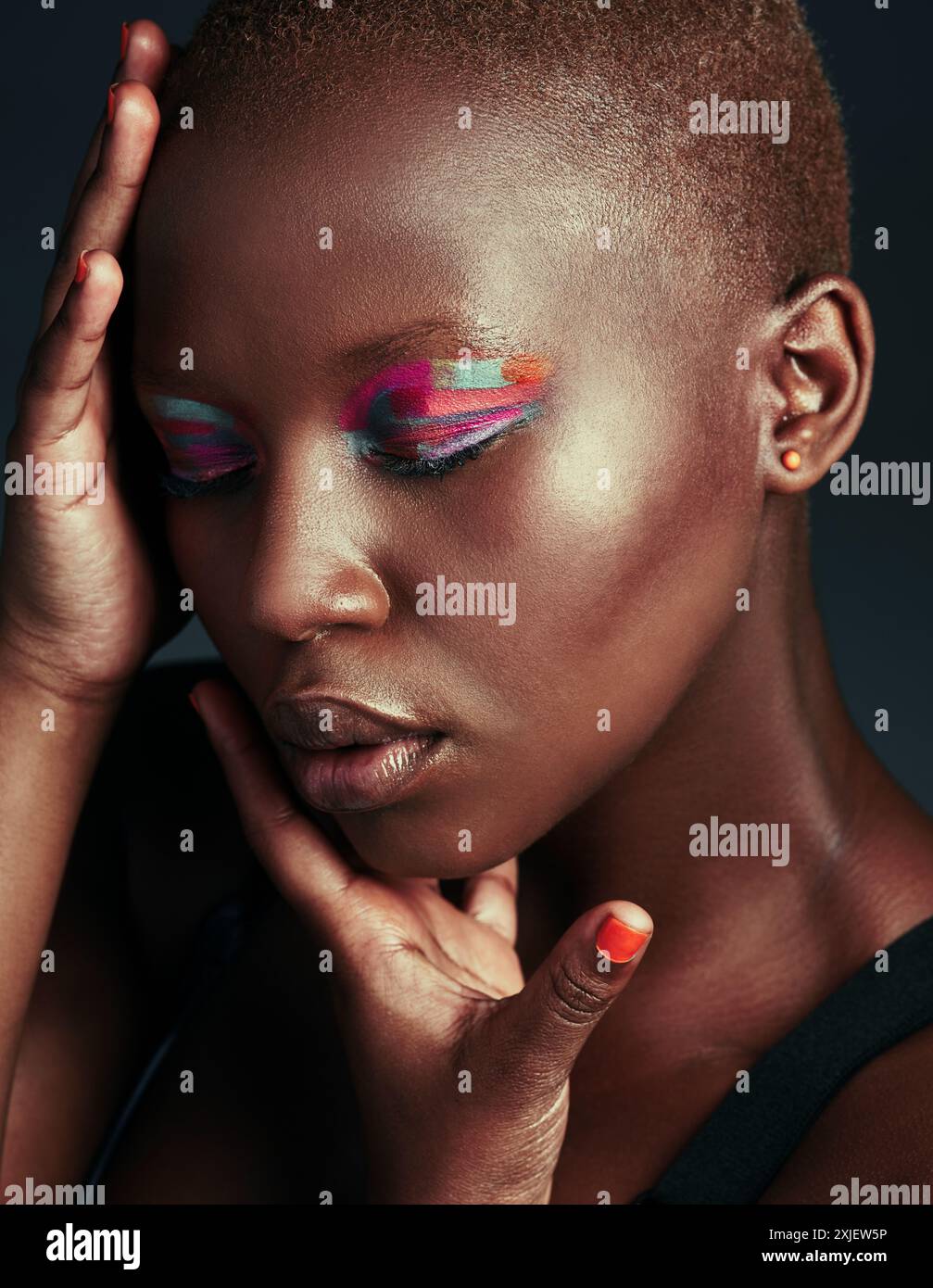 Color, eyeshadow and black woman with makeup, foundation and shine on ...