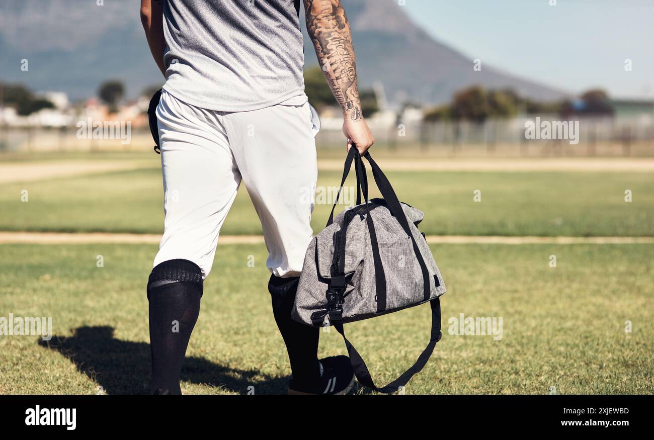 Person, walking and bag for sports, field and ready for competition of ...