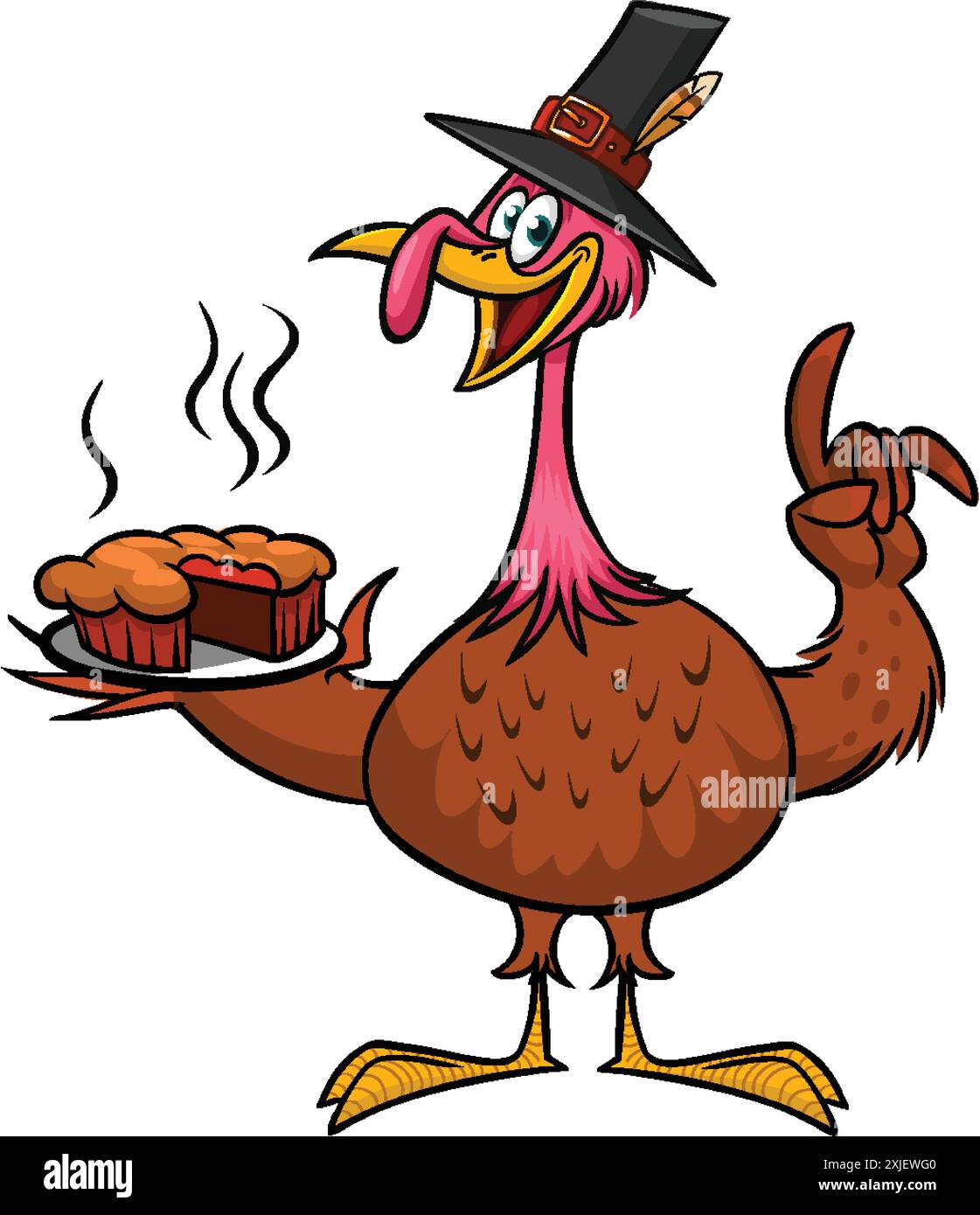 Cartoon happy cute thanksgiving turkey bird chief hat serving a pie in ...