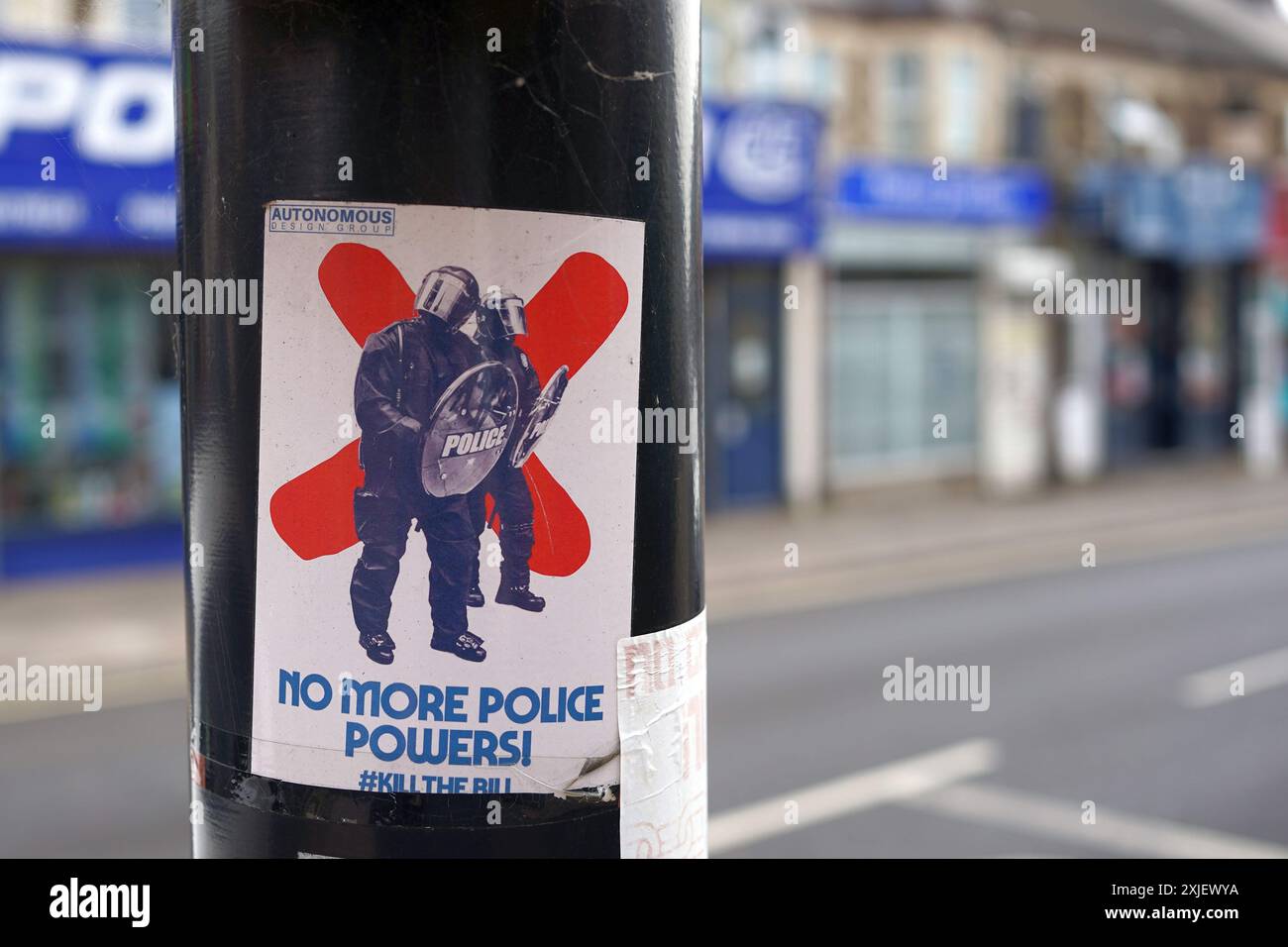 No More Police Powers, Lamp Post sticker in Cardiff, July 2024 Stock ...