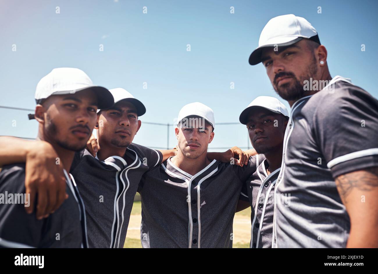 Sport, baseball and team huddle together for support, motivation and ...