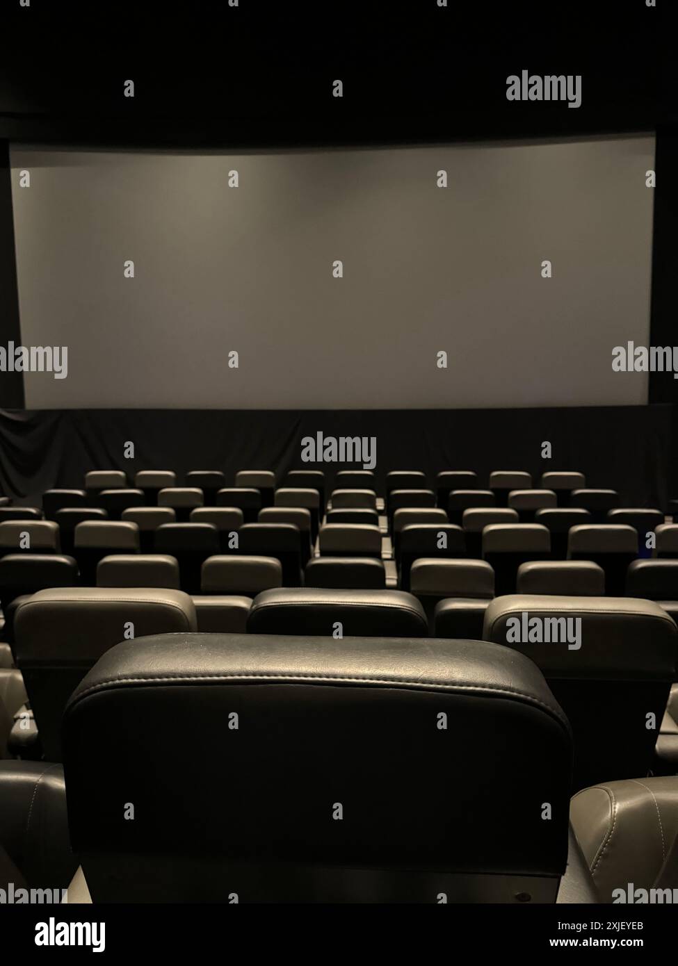 Empty movie theater with rows of seats facing a blank screen Stock ...