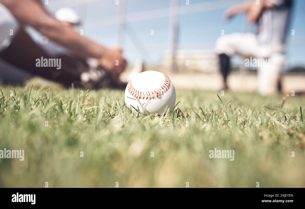 Grass, softball and ball on field for game, competition and pitch for ...