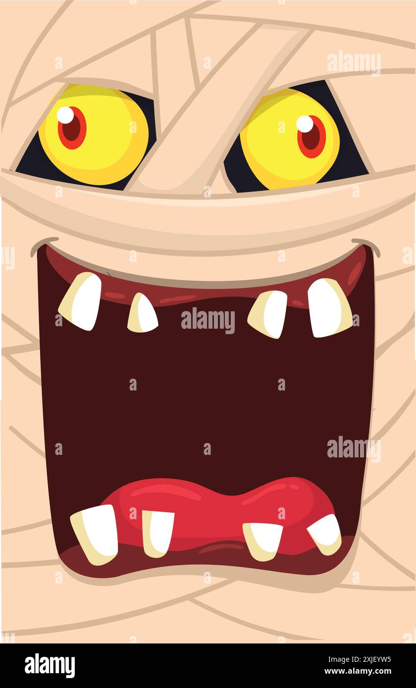 Scary cartoon monster mummy face vector. Cute square avatar or icon ...