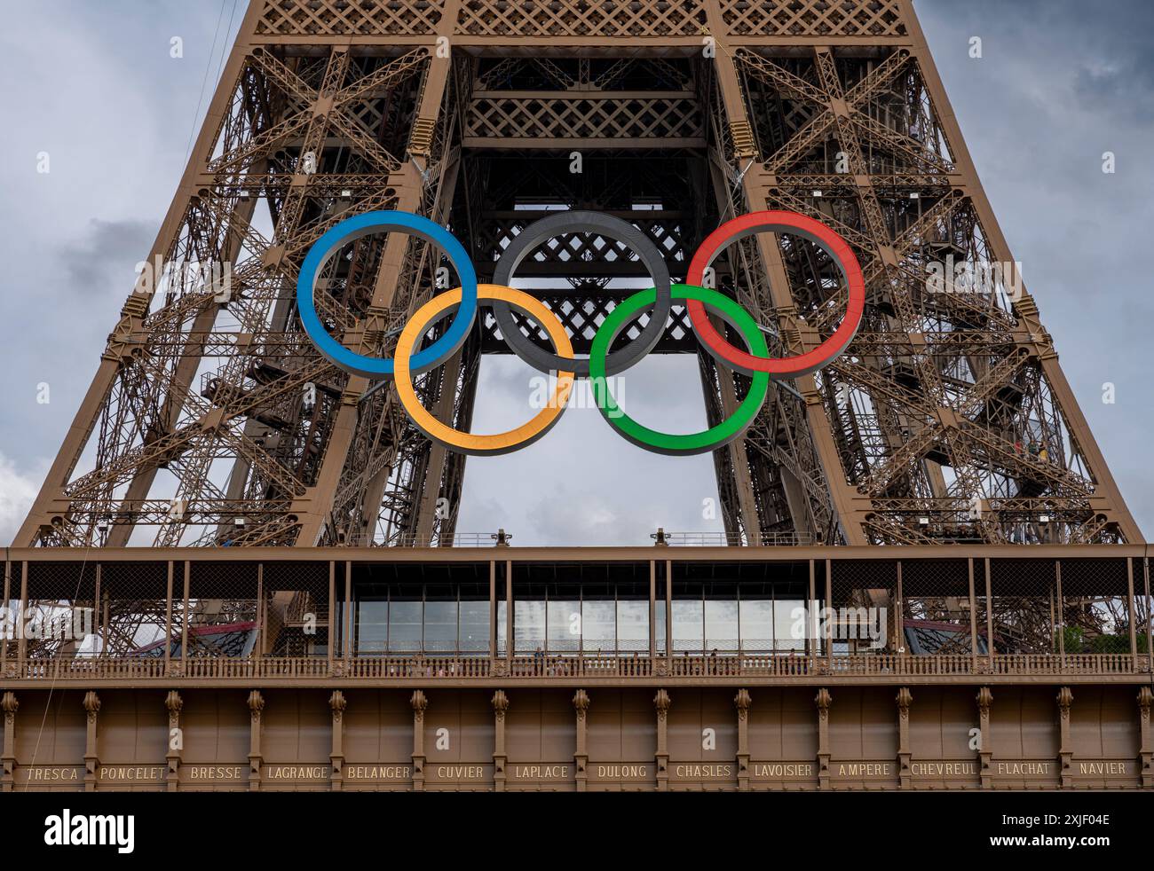 Paris, France - 07 17 2024: View of the Eiffel Tower with the olympic ...