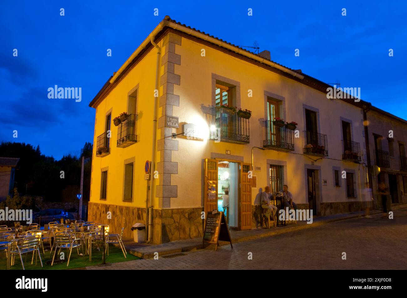 Typical tavern, night view. Rascafria, Madrid province, Spain Stock ...