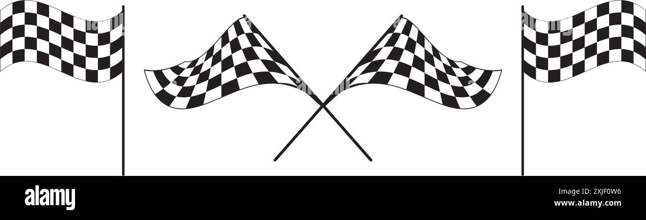 One single and two crossed race flags with checkered black and white pattern. Start or finish ...