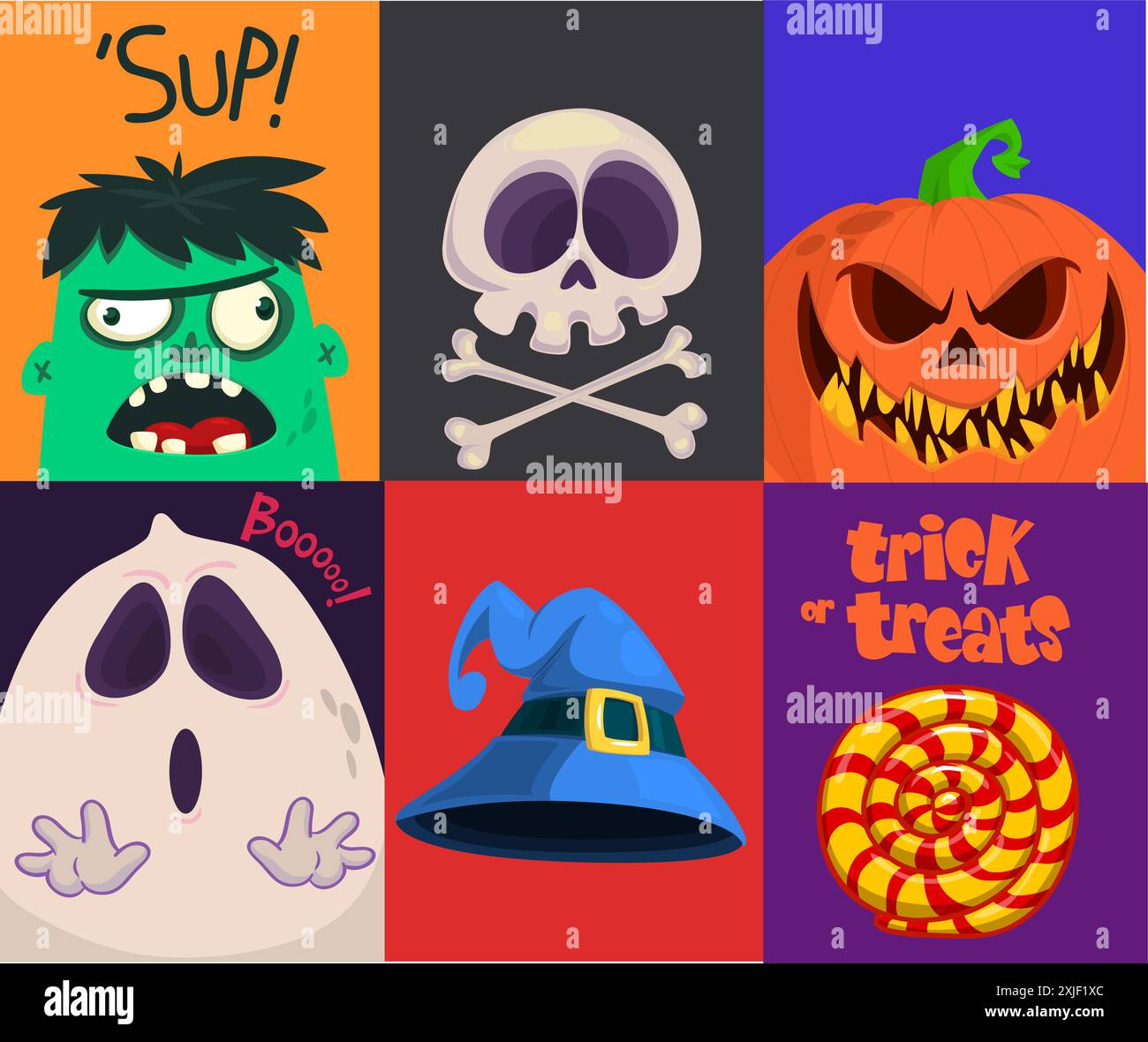 Halloween funny faces set of four characters. Cartoon heads of grim ...