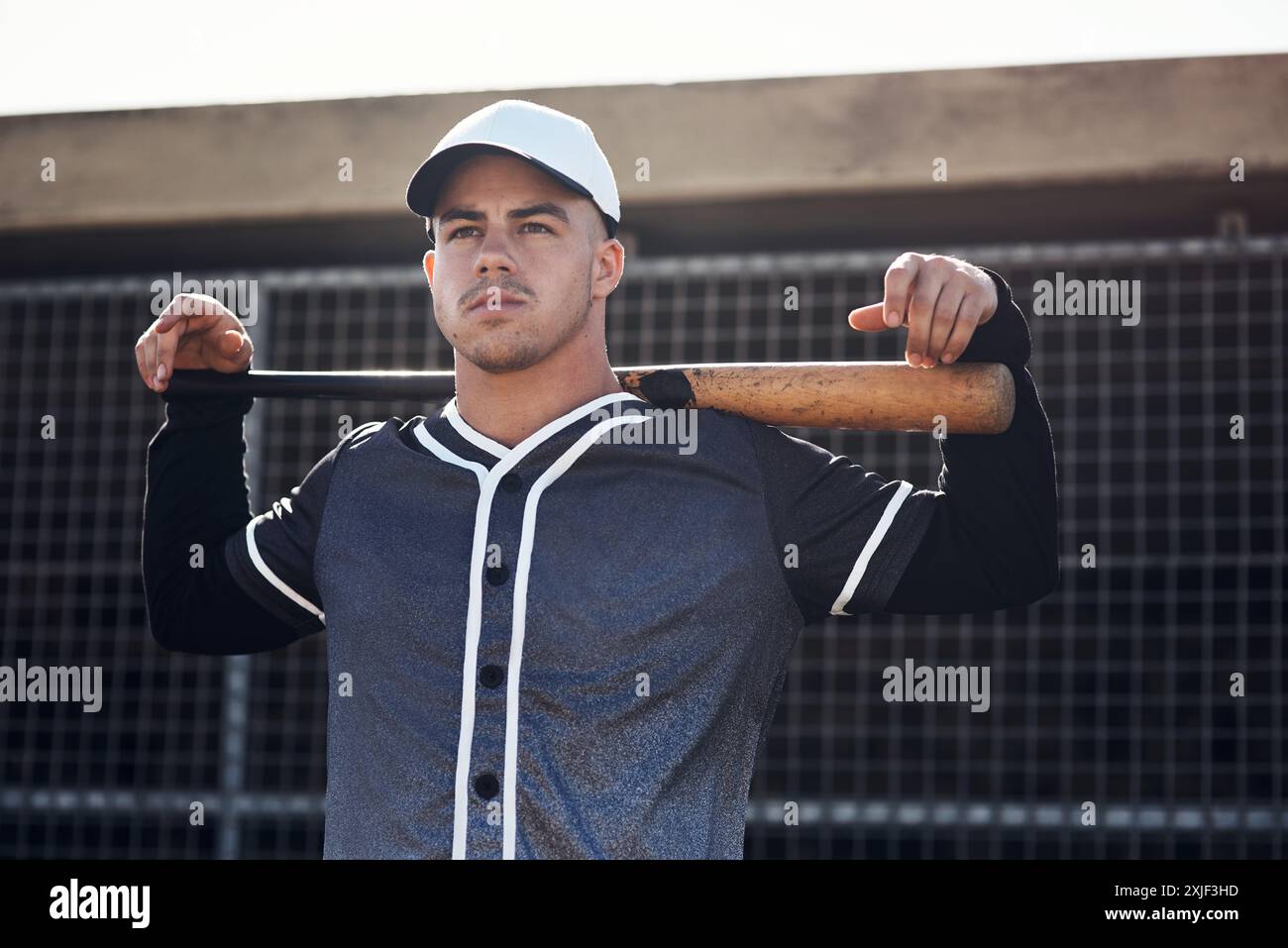 Baseball, bat and thinking of game, man and professional in uniform of ...