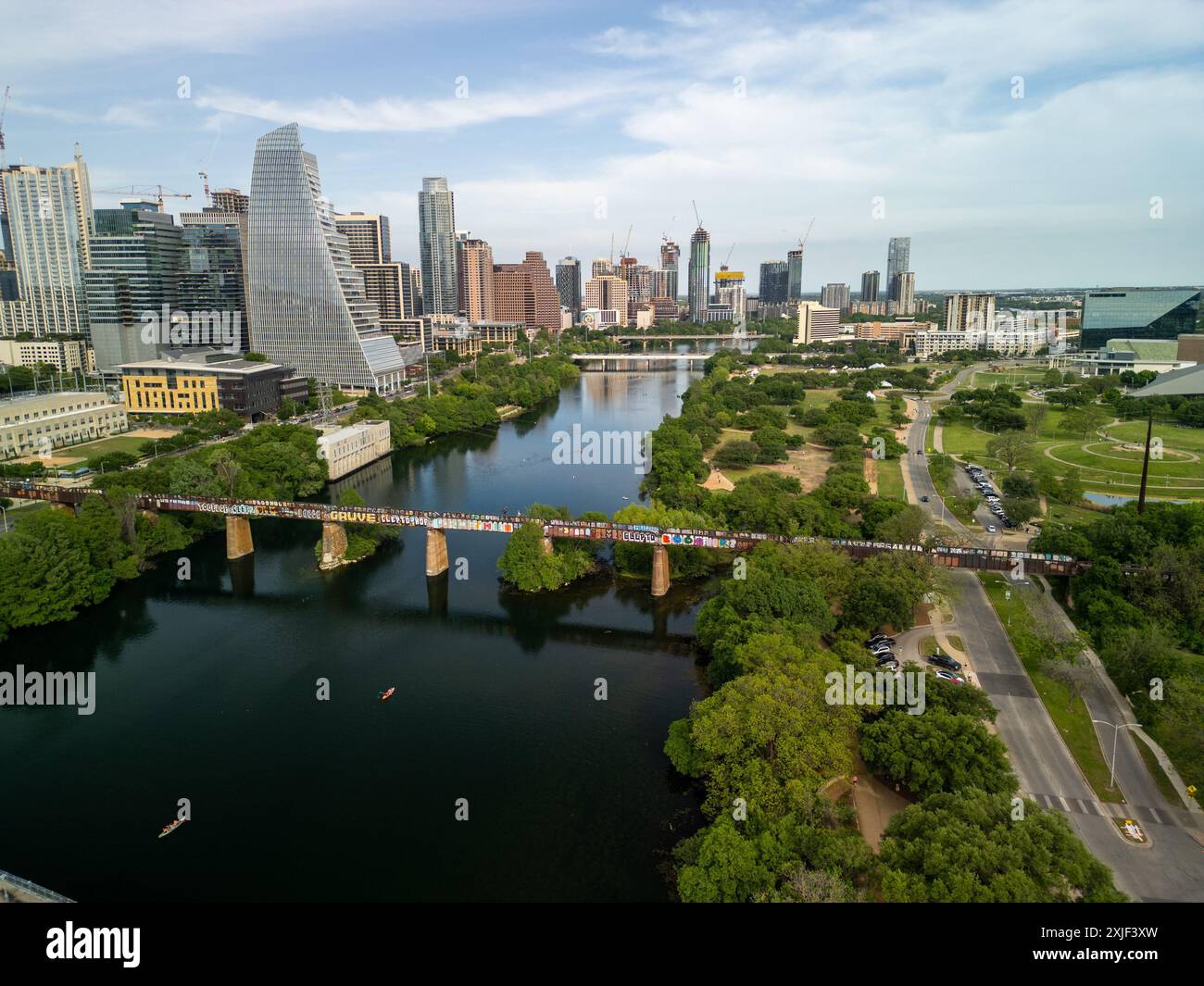 An aerial view of downtown Austin, Texas with the Colorado River and a ...