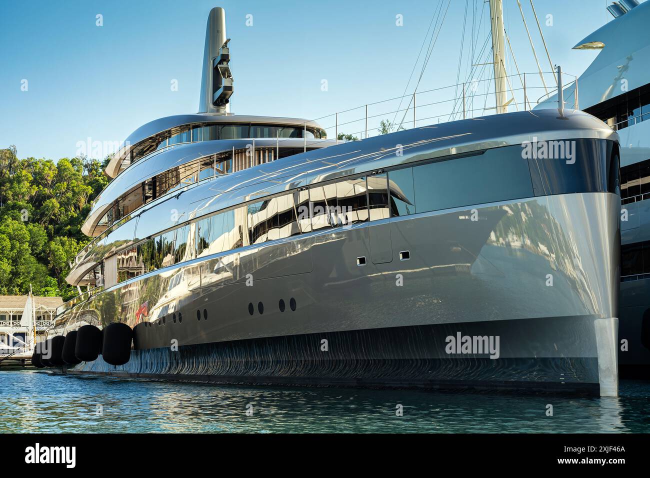 Beautiful mega and superyachts at dock in English Harbour, a famous caribbean island of Antigua ...