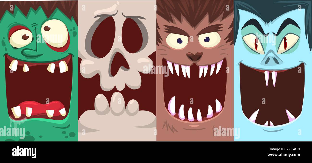Halloween funny faces set of four characters. Cartoon heads of grim ...