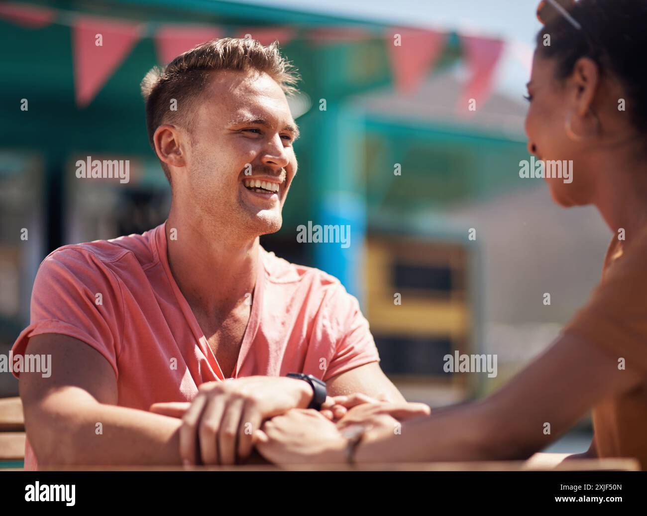 Couple, holding hands and smile with happy conversation at harbor ...