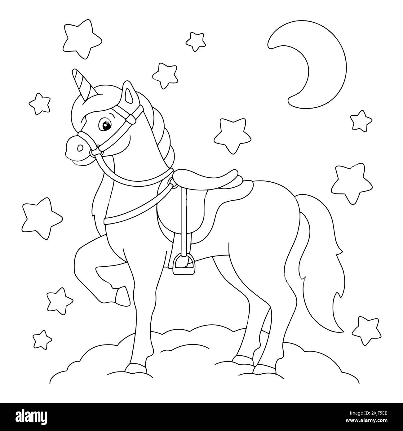 Coloring book page for kids. Magic unicorn. Fairy horse. Cartoon style ...