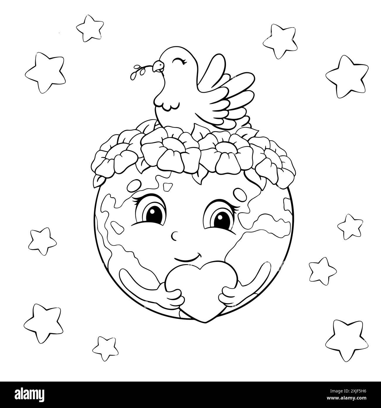 Cute planet earth holds a heart in her hands. On the head is a wreath ...