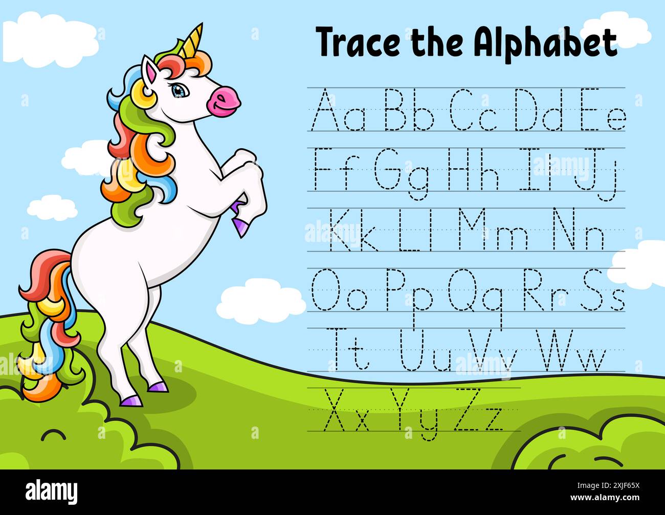 Writing letters. Tracing page with unicorn. Practice sheet. Worksheet ...